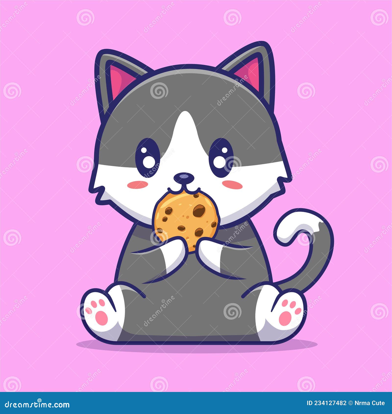 Cute cat eating cookie stock vector. Illustration of cheerful - 234127482