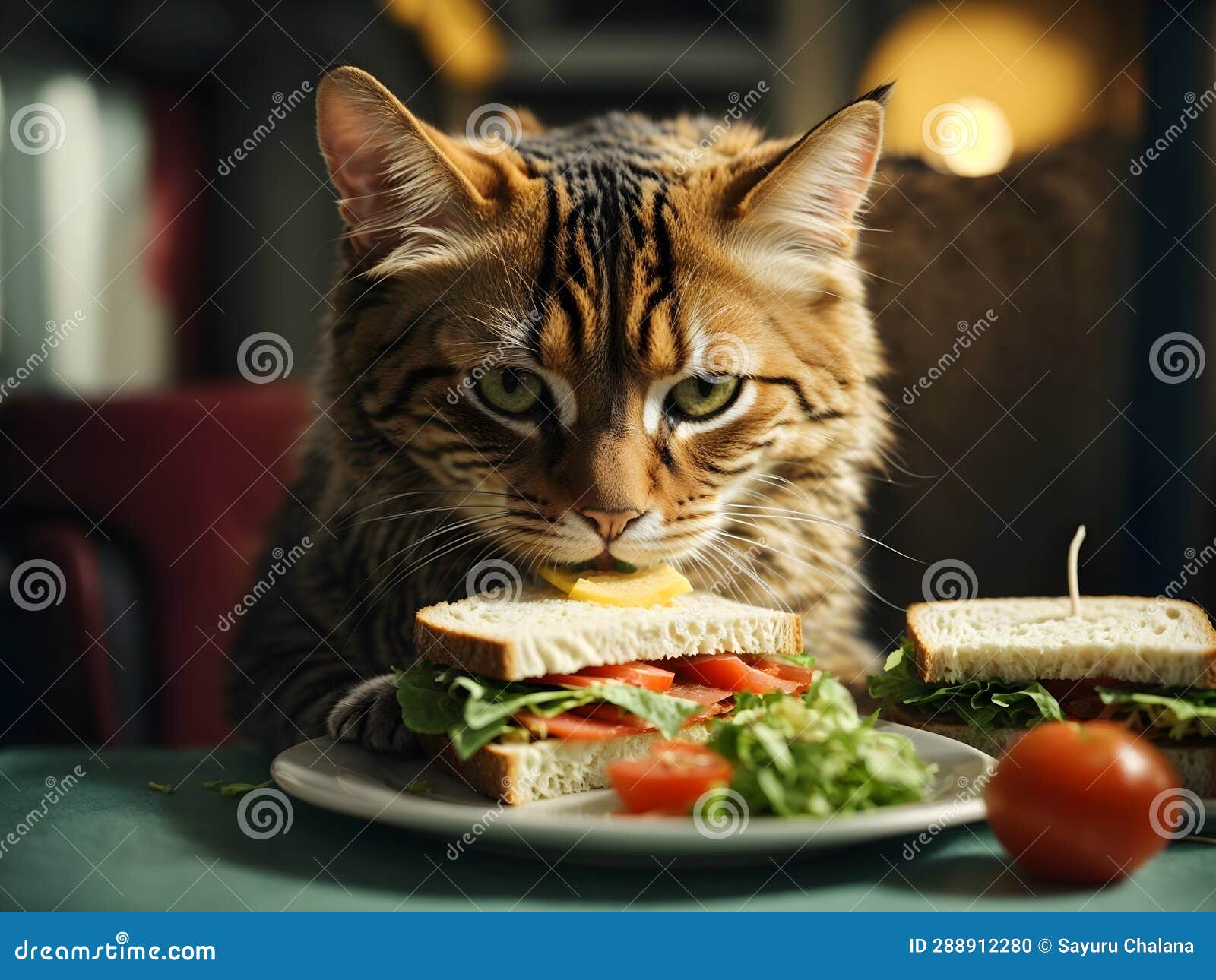 The Cute Cat Eating Sandwiche. Stock Photo - Image of curious ...