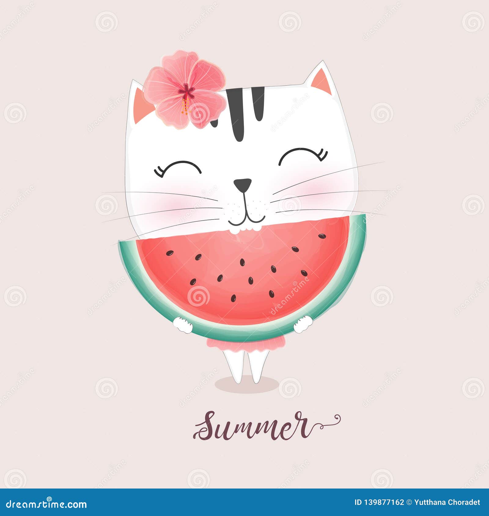 Cute cat eating watermelon stock vector. Illustration of holiday ...