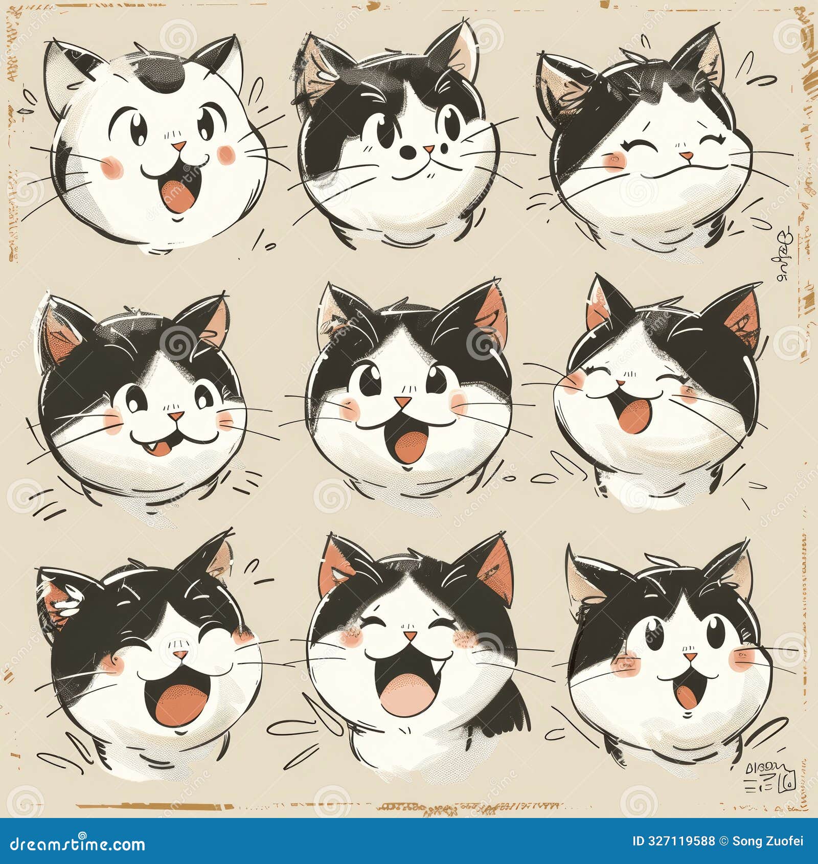 Cute Cat Faces Line Drawing Doodles Set - Various Expressions and Poses ...