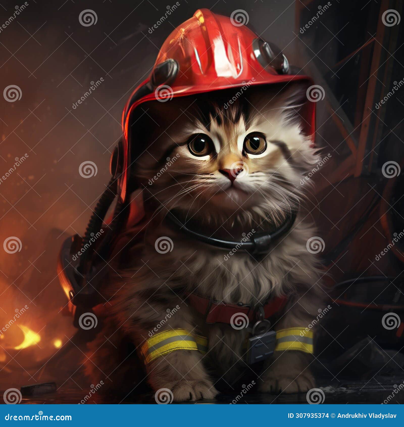 Cute Cat in Firefighter Uniform Stock Illustration - Illustration of ...