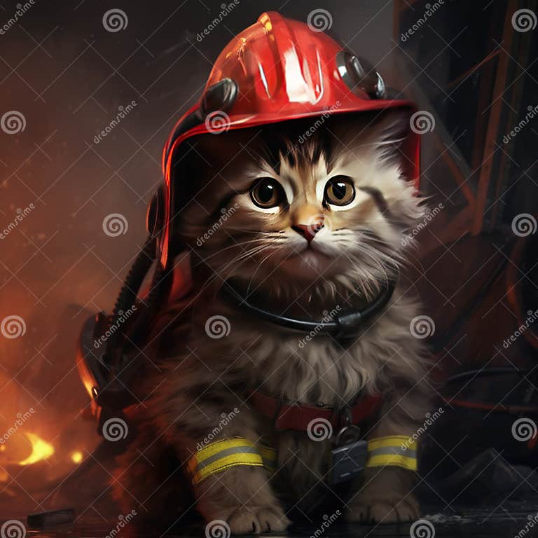 Cute Cat in Firefighter Uniform Stock Illustration - Illustration of ...