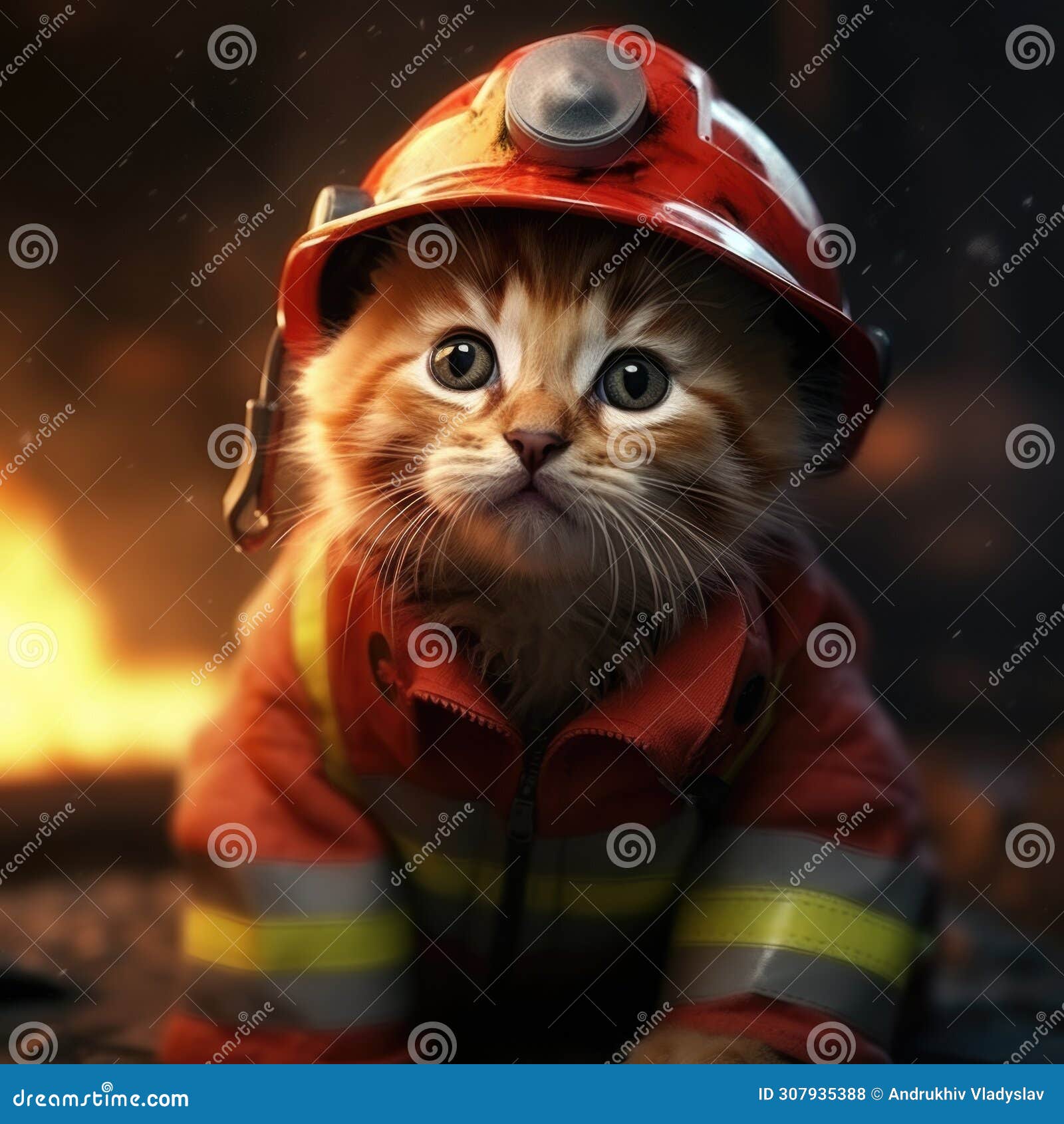 Cute Cat in Firefighter Uniform Stock Illustration - Illustration of ...