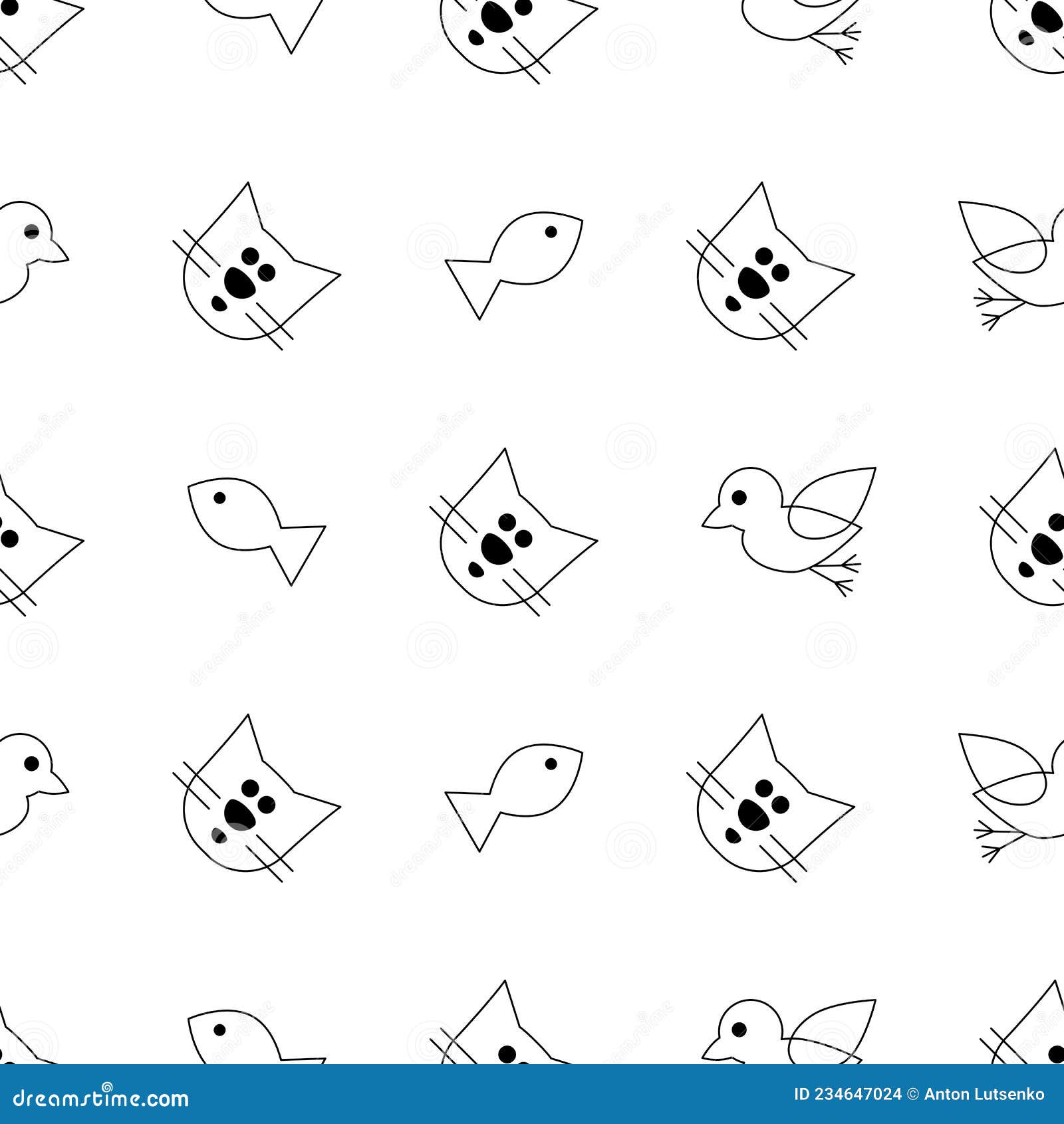 Cute Cat, Fish and Bird Icons on Seamless Vector Pattern Stock Vector ...