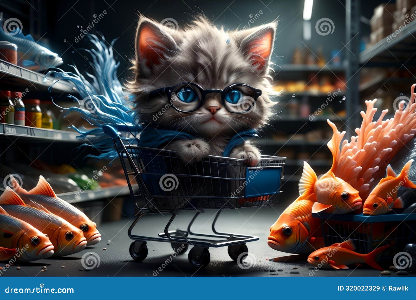 Cute Cat in a Fish Store with a Shopping Cart Stock Illustration ...