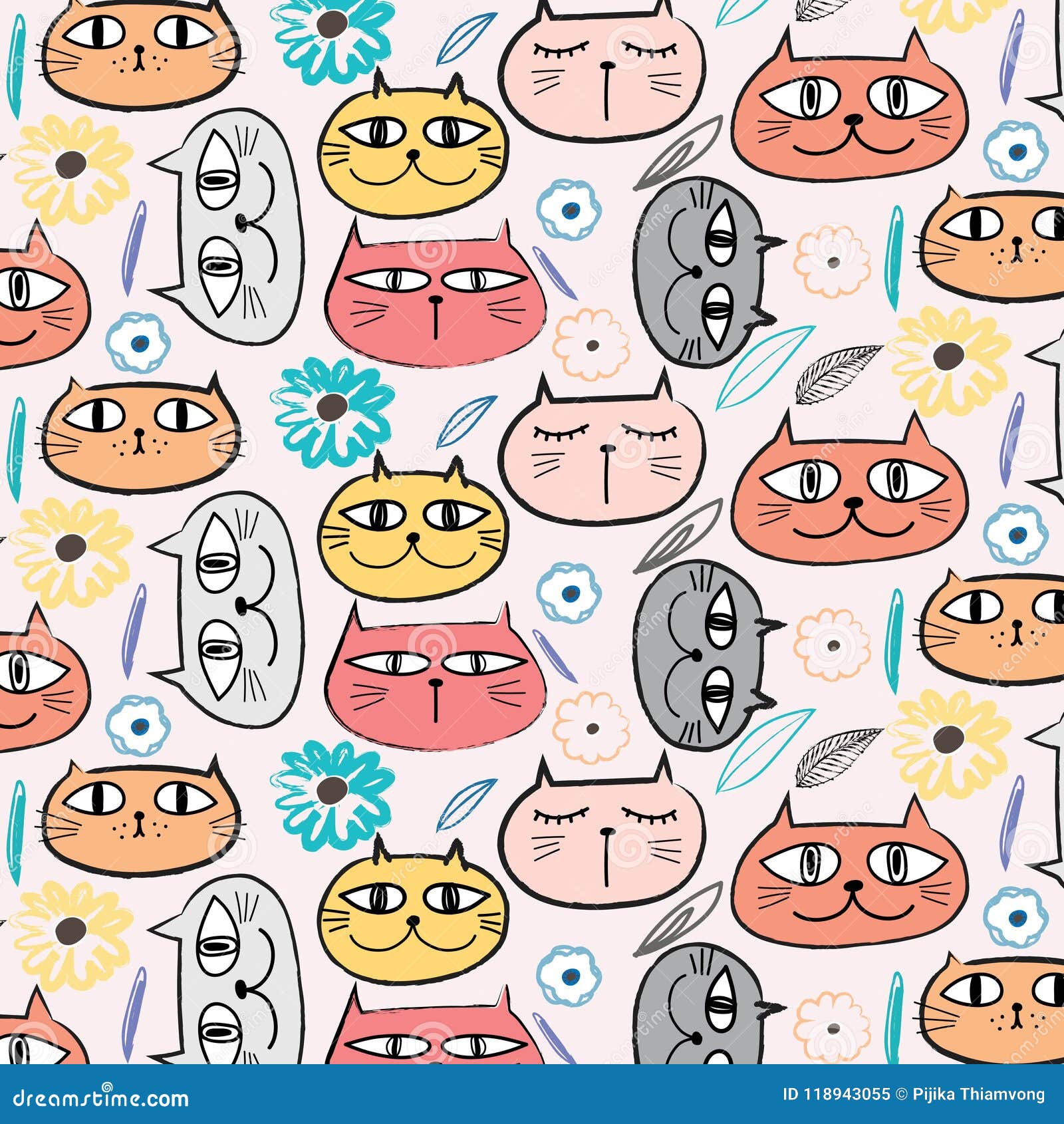 Cute Cat and Floral Pattern Background. Stock Vector - Illustration of ...