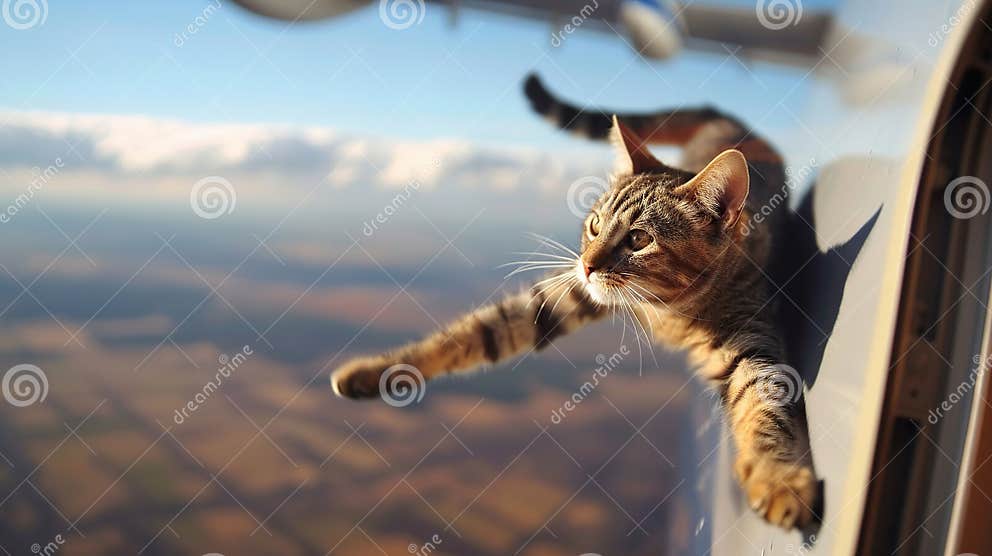 Cute Cat Flying on Airplane . Generative Ai Stock Illustration ...