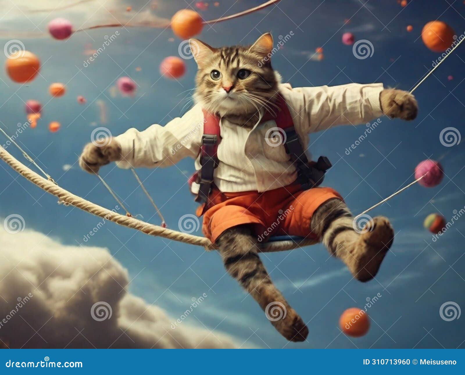 Cute Cat Flying in the Sky with Balloons and Rope Stock Illustration ...