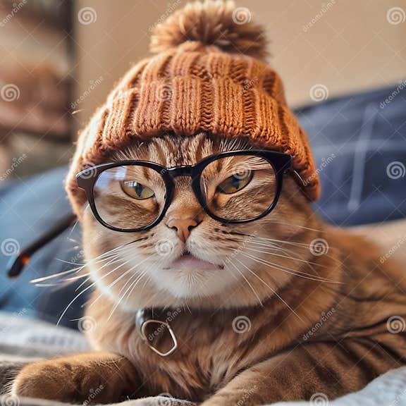 Cute Cat in Glasses and Hat, Generative AI Stock Illustration ...