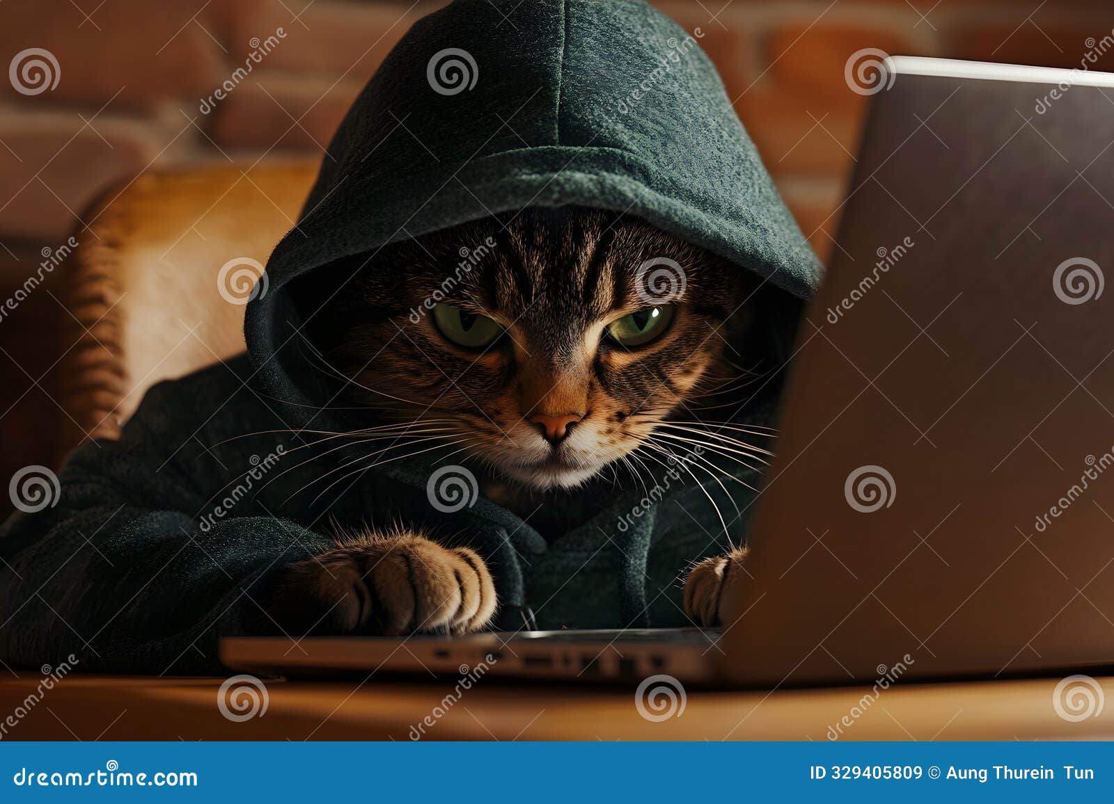 A Cute Cat Hacker Wearing a Hoodie with a Laptop Stock Illustration ...