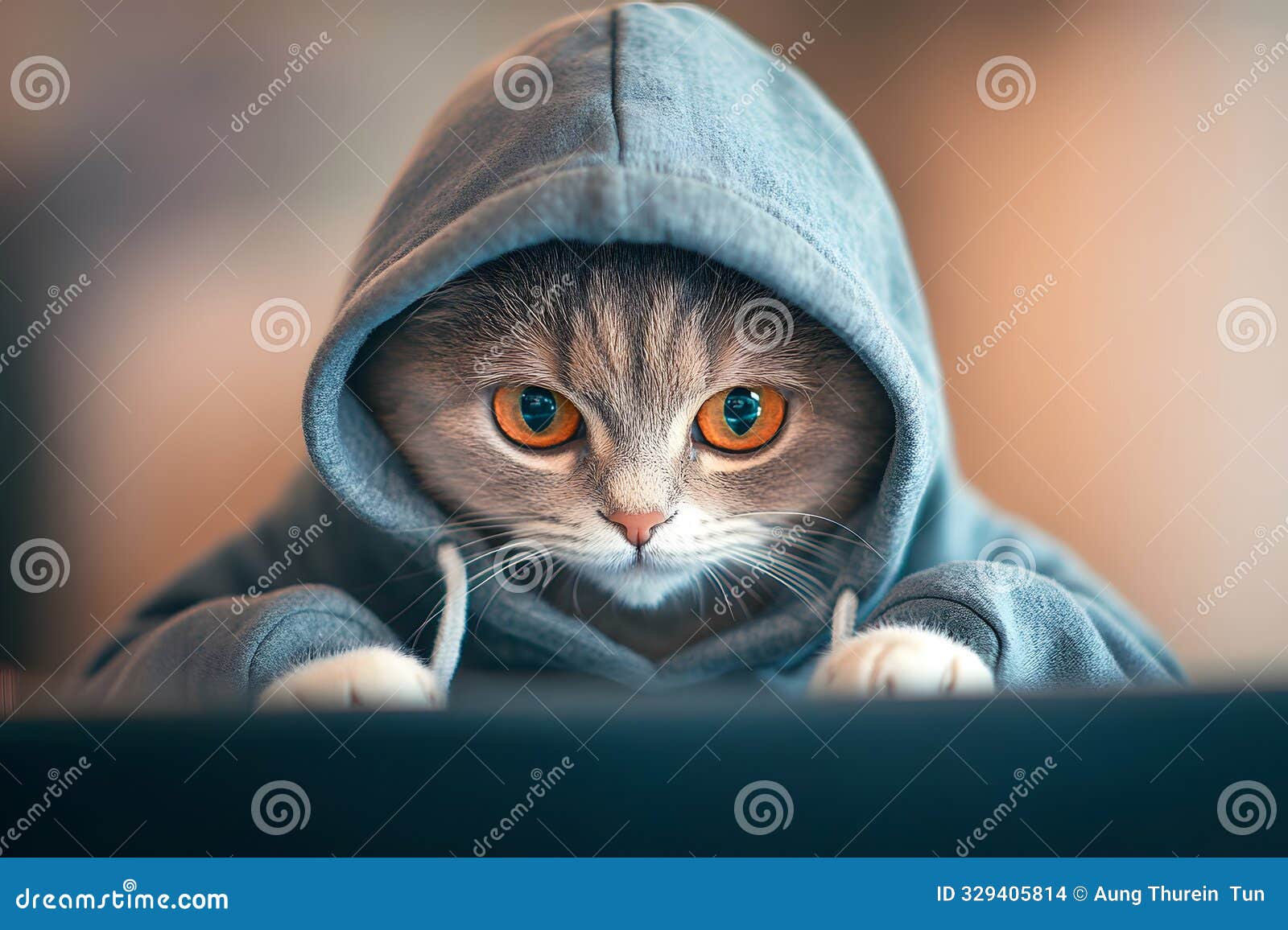 A Cute Cat Hacker Wearing a Hoodie with a Laptop Stock Illustration - Illustration of data ...
