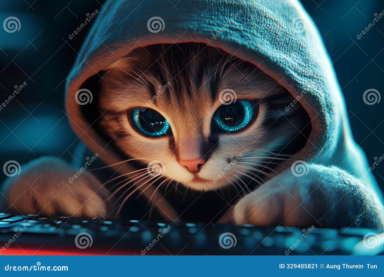 A Cute Cat Hacker Wearing a Hoodie with a Laptop Stock Illustration ...