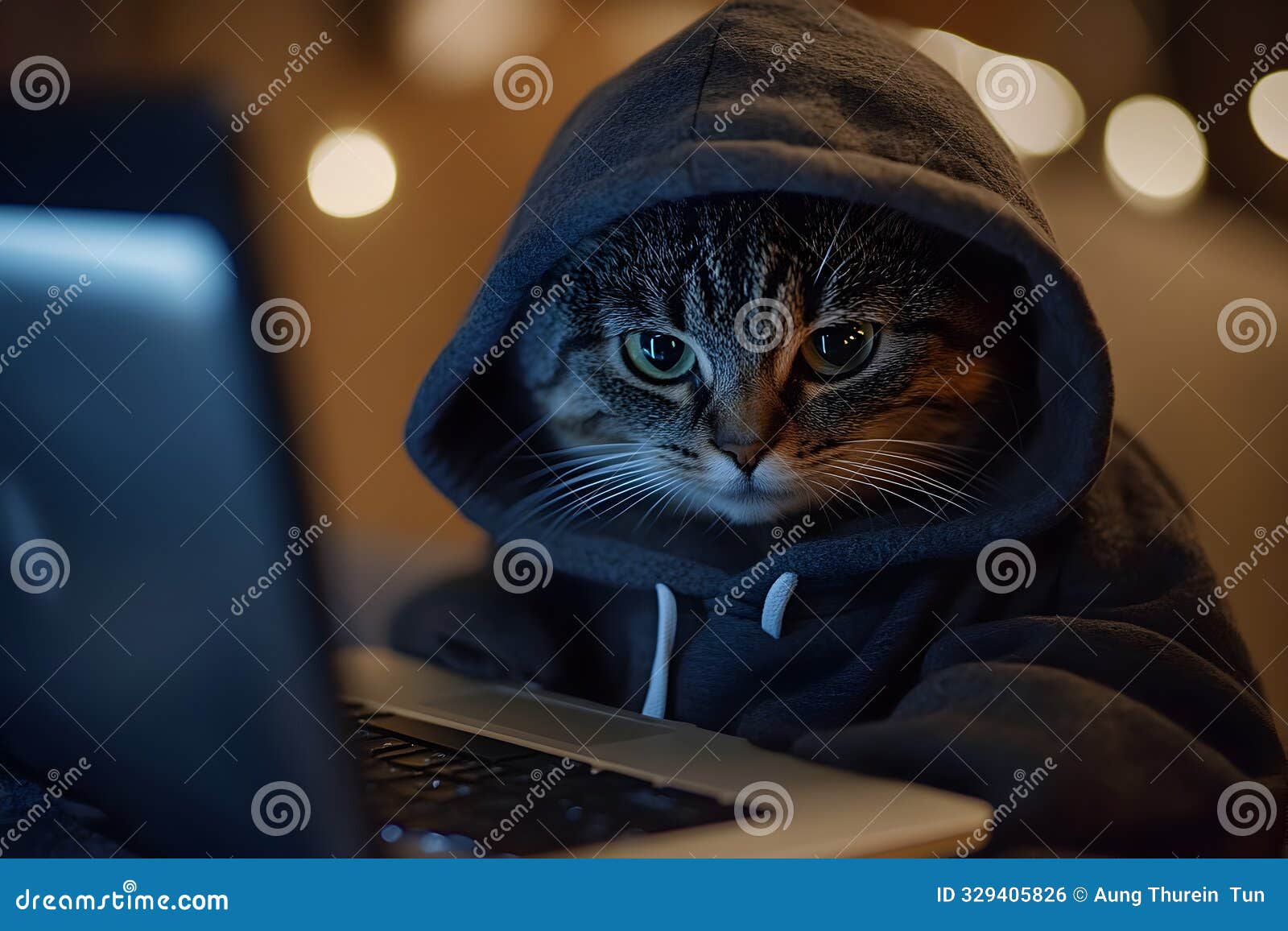 A Cute Cat Hacker Wearing a Hoodie with a Laptop Stock Illustration ...