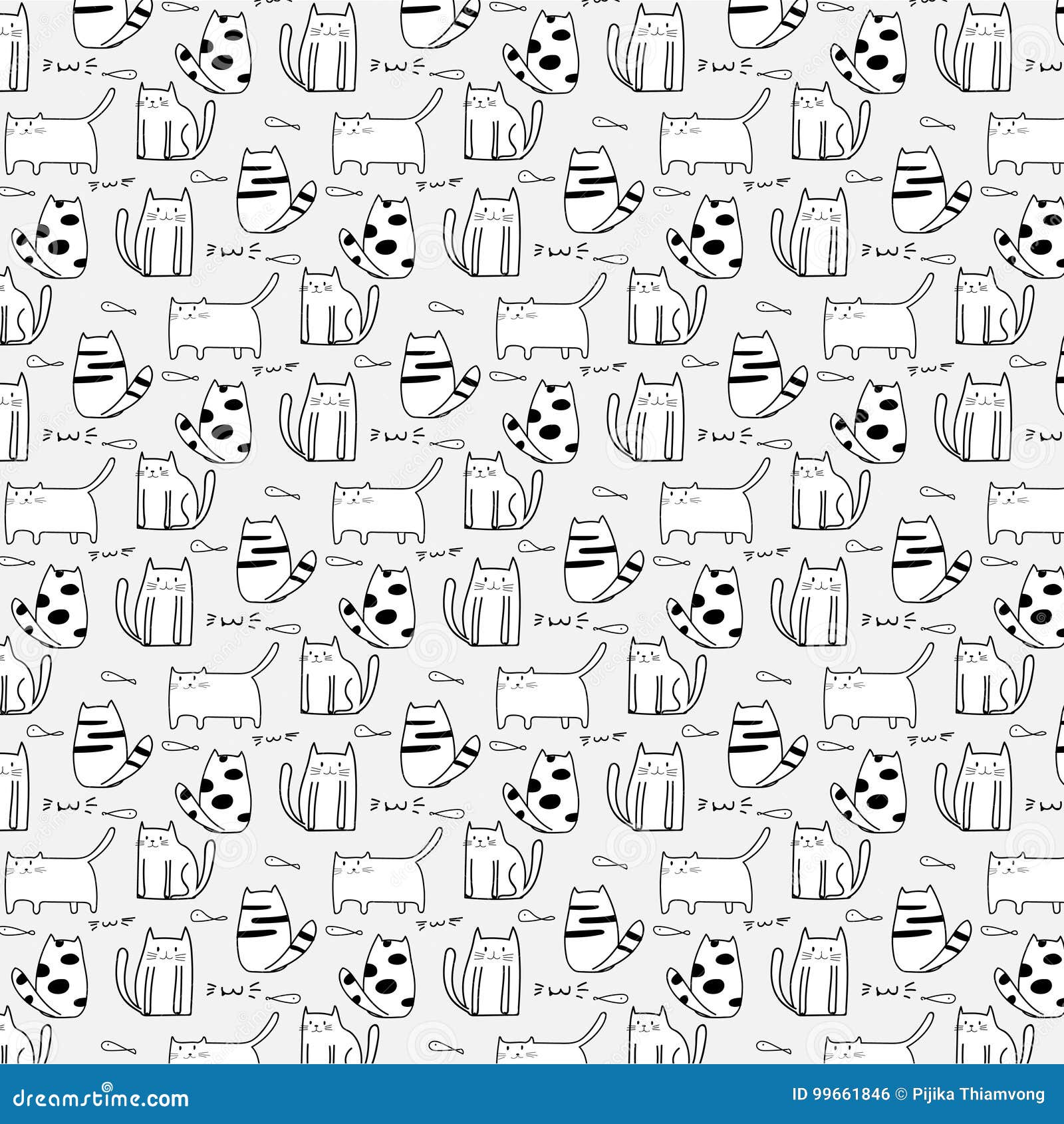 Cute Cat Hand Drawn Vector Pattern. Stock Vector - Illustration of ...