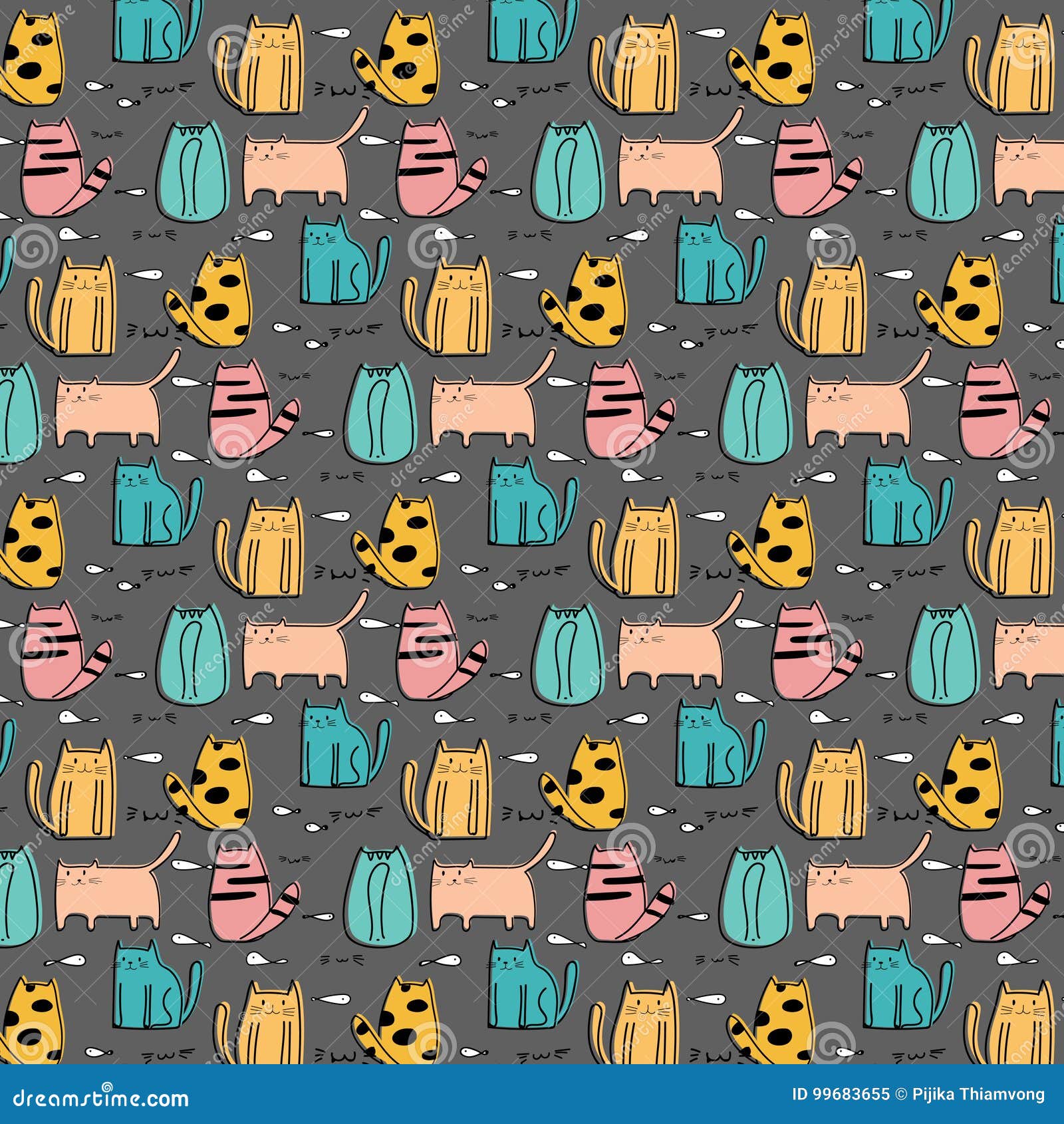 Cute Cat Hand Drawn Vector Pattern. Stock Vector - Illustration of cafe ...