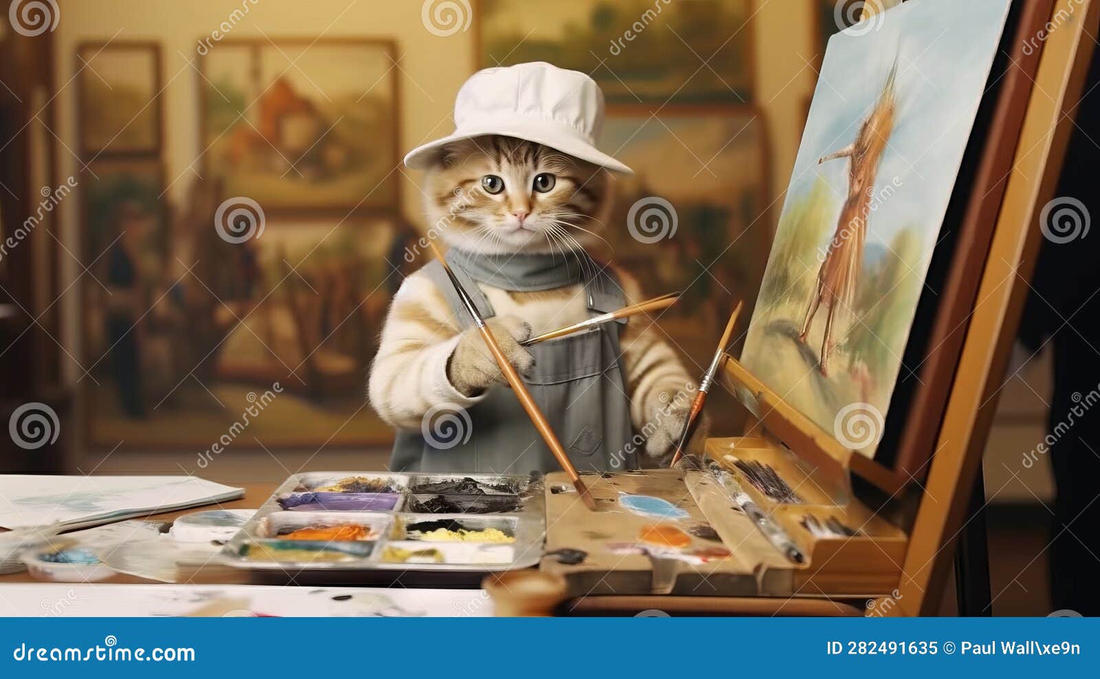 Cute Cat with Hat Posing As a Painter. Stock Illustration ...