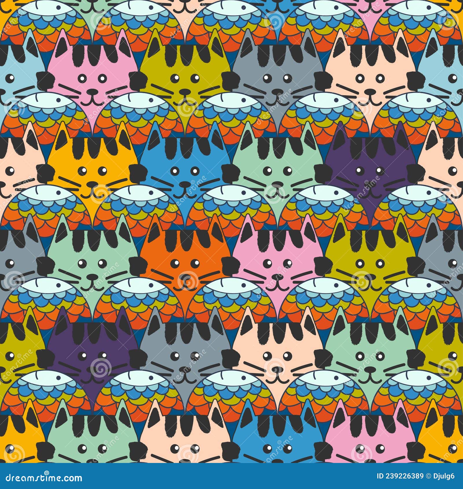 Cute Cat Heads with Fish Seamless Pattern. Vector Stock Vector ...