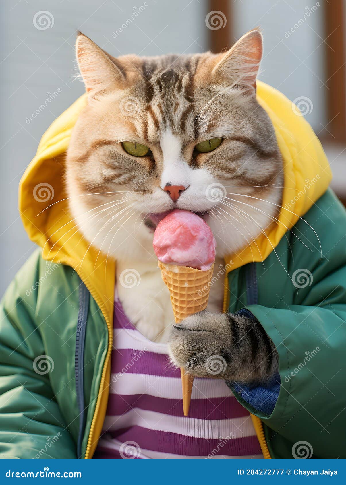 Cute Cat with Ice Cream in a Waffle Cone, Outdoors Stock Image - Image ...
