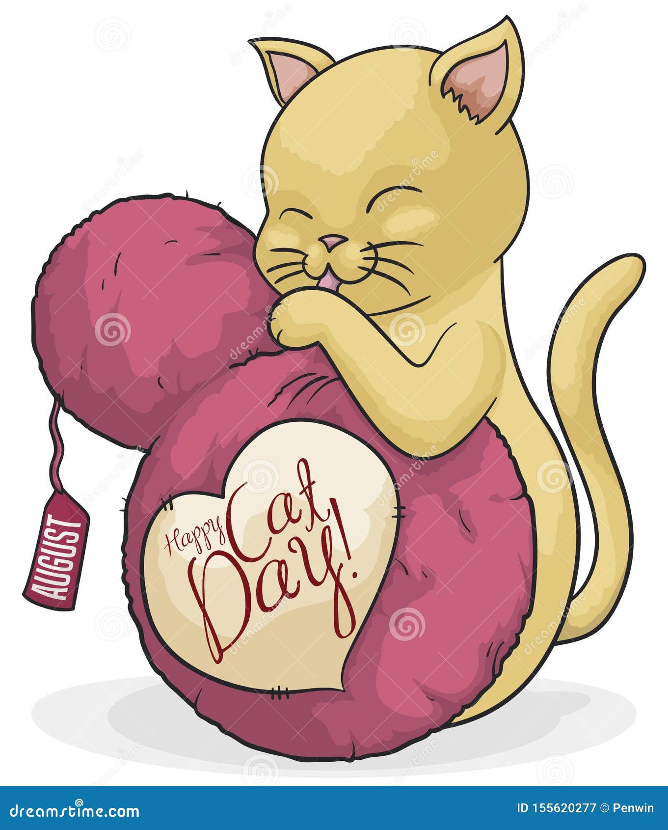Cute Cat with Its Wool Toy Celebrating Cat Day, Vector Illustration ...