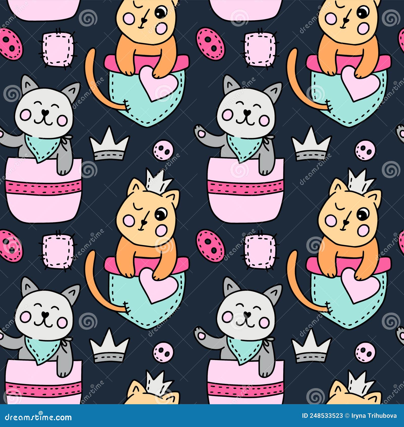 Cute Cat Kawaii Seamless Vector Pattern Stock Vector - Illustration of ...
