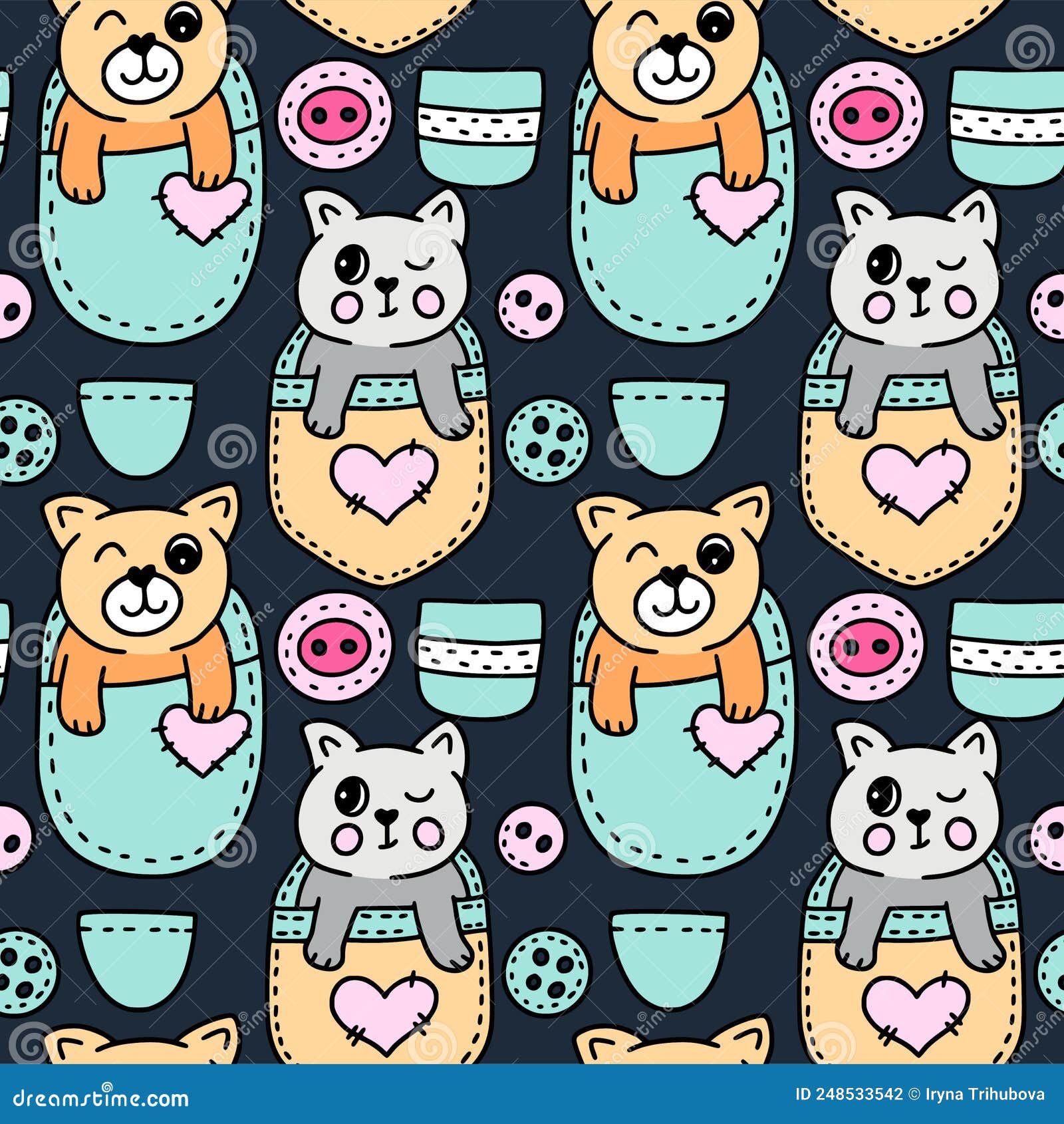 Cute Cat Kawaii Seamless Vector Pattern Stock Vector - Illustration of ...