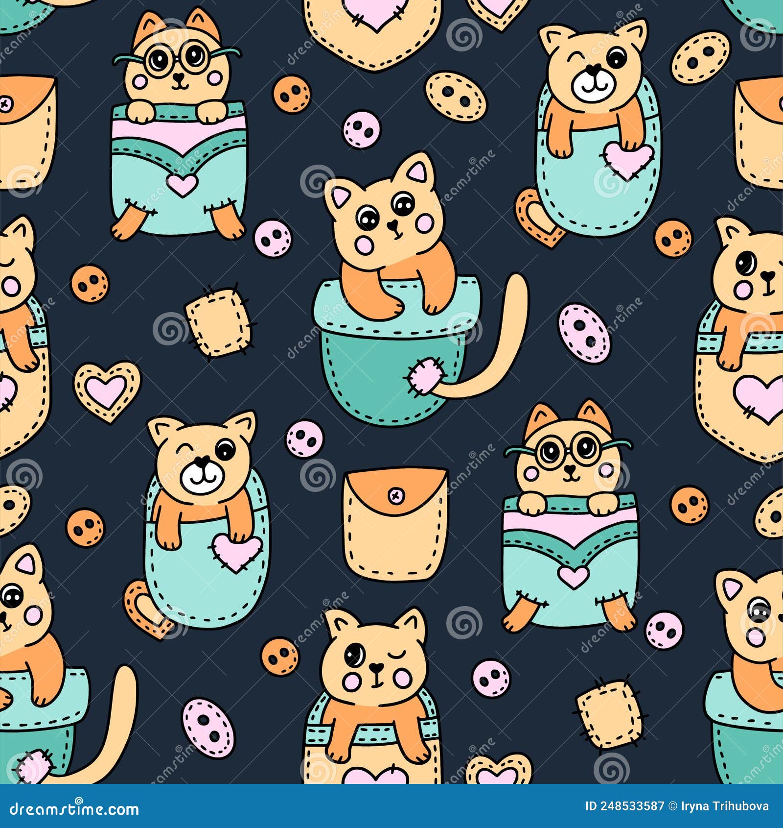 Cute Cat Kawaii Seamless Vector Pattern Stock Vector - Illustration of ...