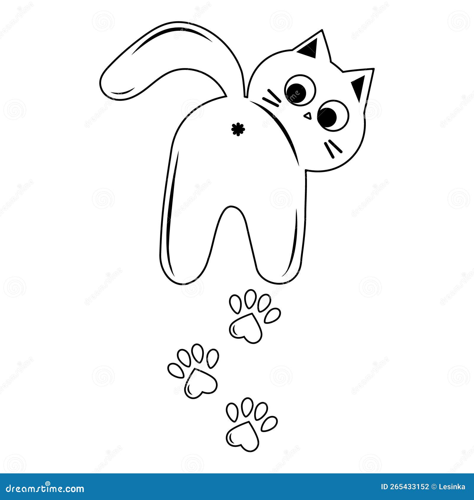 Cute Cat Left a Paw Print, Black Outline, Vector Illustration in Doodle ...