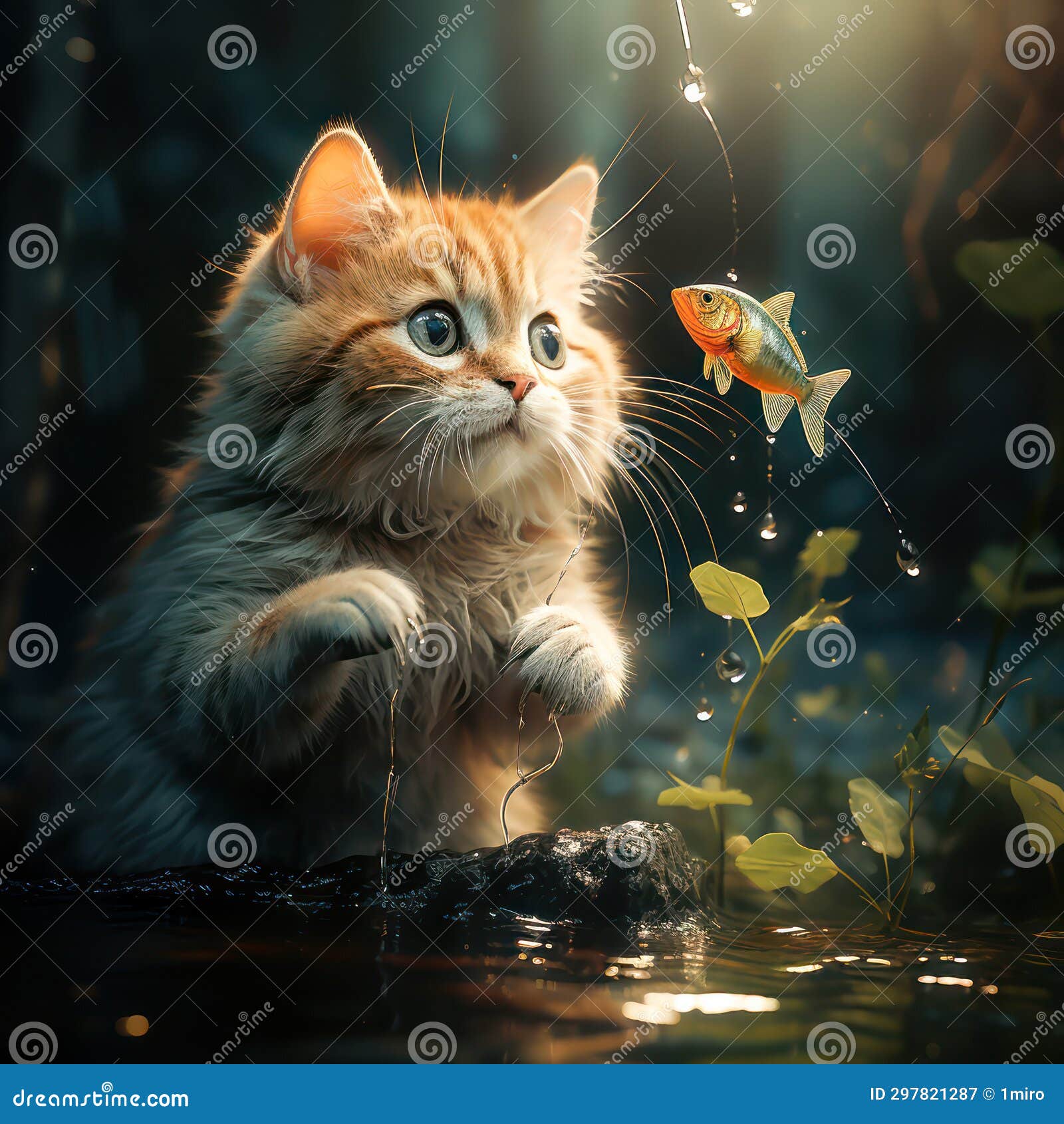 Cute Cat is Looking on Jumping Fish Out from Water, AI Generated Stock ...