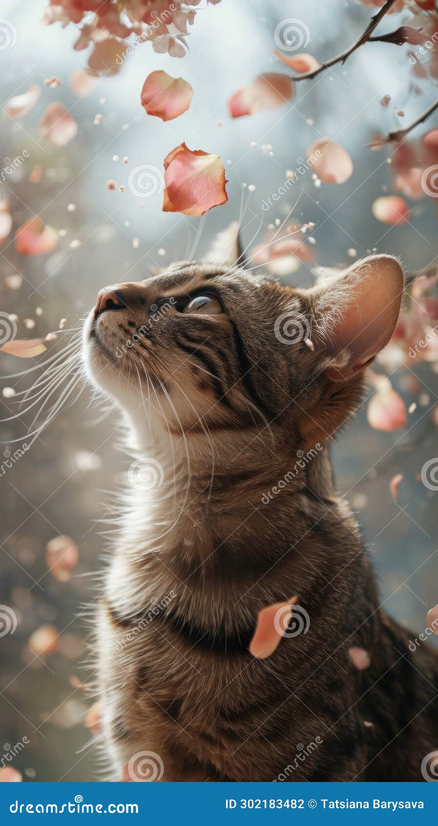 Cute Cat Looks at Falling Petals, Spring Time Stock Photo - Image of ...