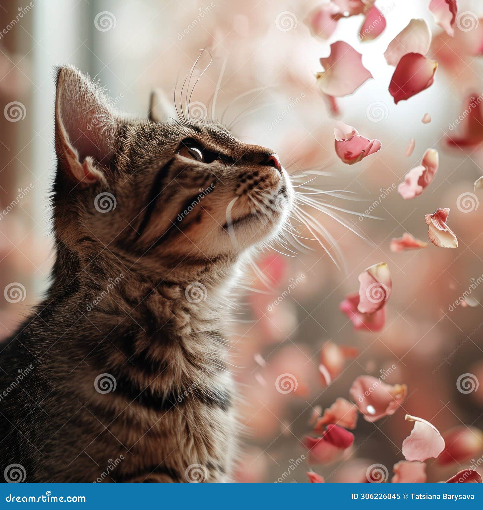 Cute Cat Looks at Falling Petals, Spring Time Stock Image - Image of ...