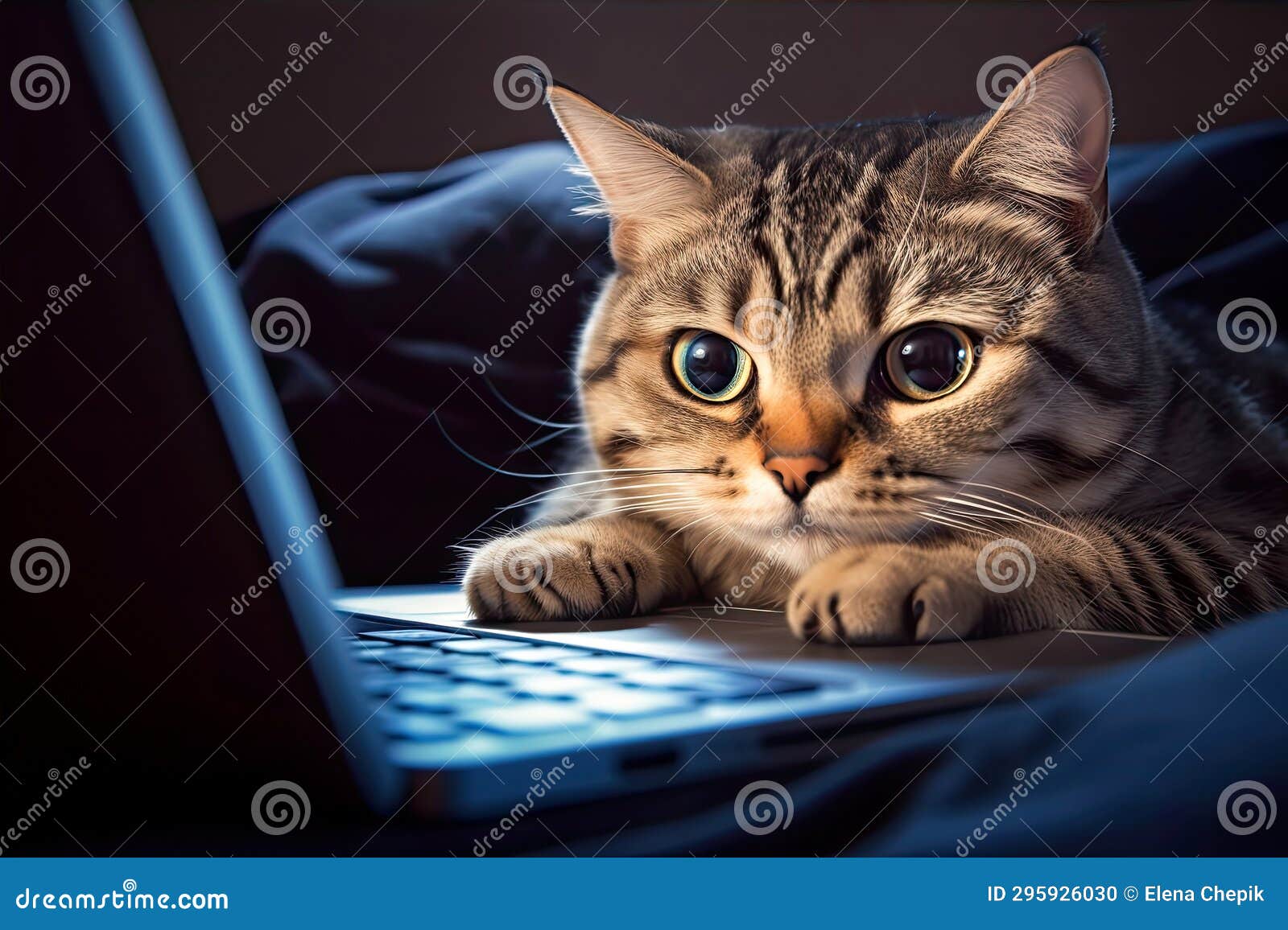 Cute Cat Looks at Laptop Screen. Work Online from Home. Stock Photo ...