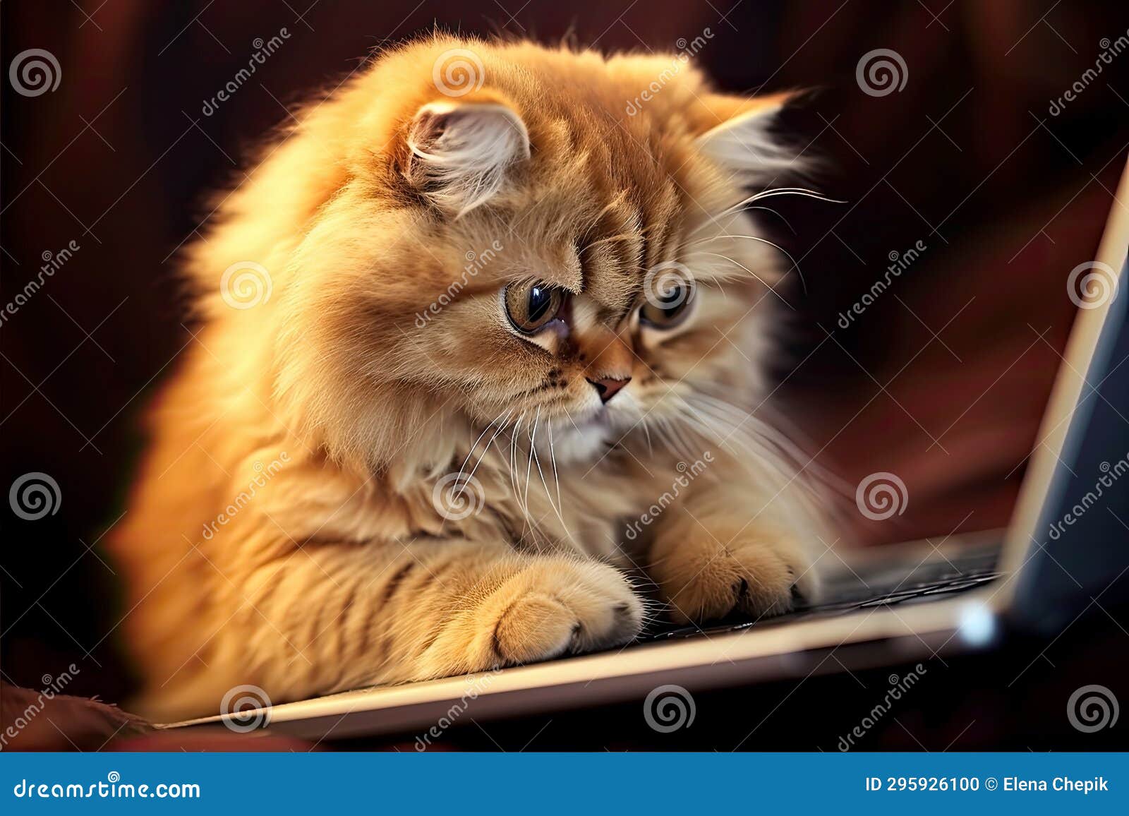 Cute Cat Looks at Laptop Screen. Work Online from Home. Stock Photo ...