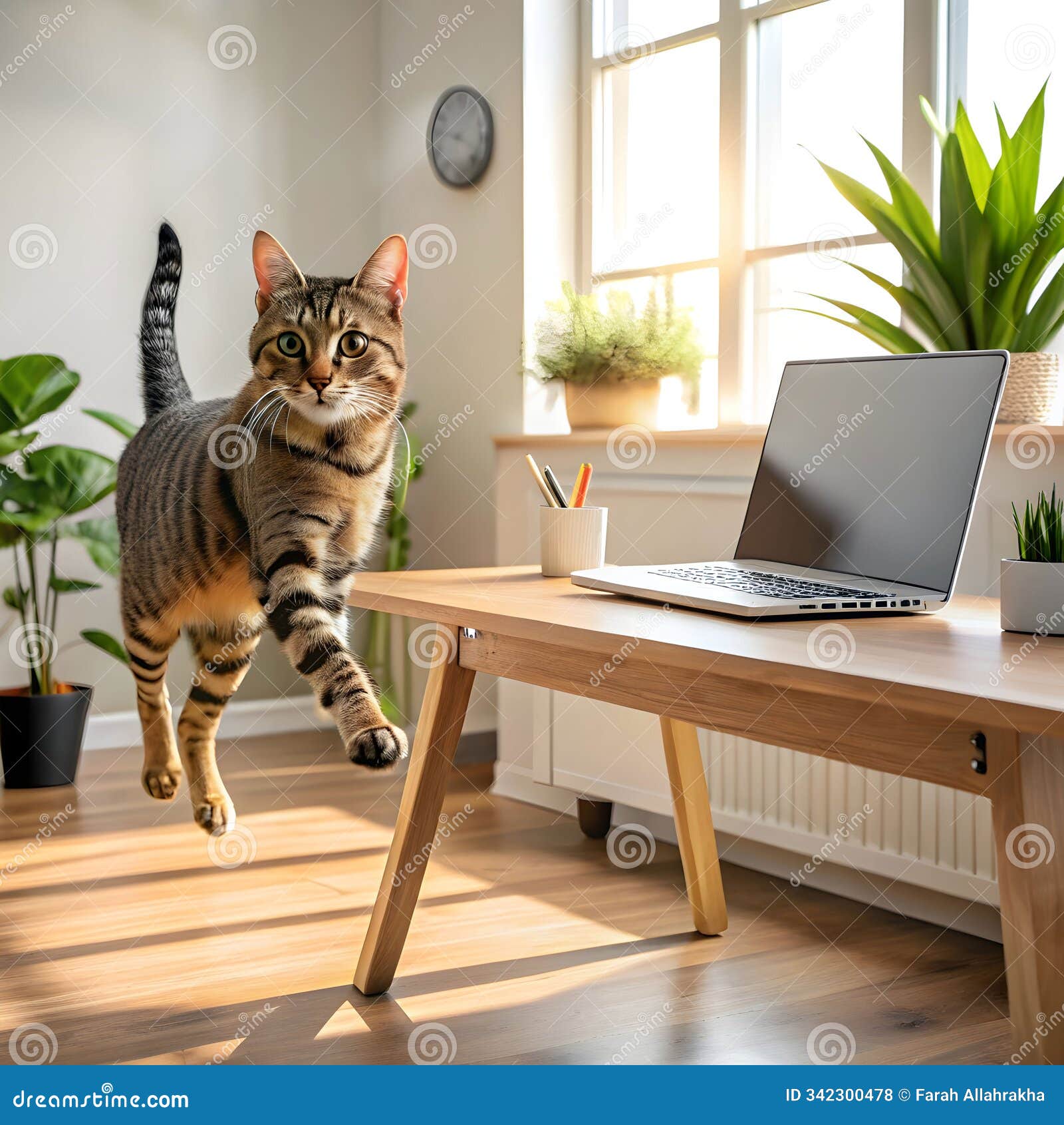 A Cute Cat Manages A Home Office, Complete With A Tiny Desk And ...
