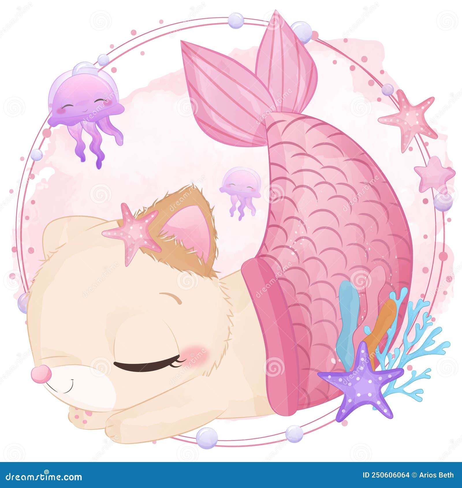 Cute Cat Mermaid in Watercolor Illustration Stock Vector - Illustration ...