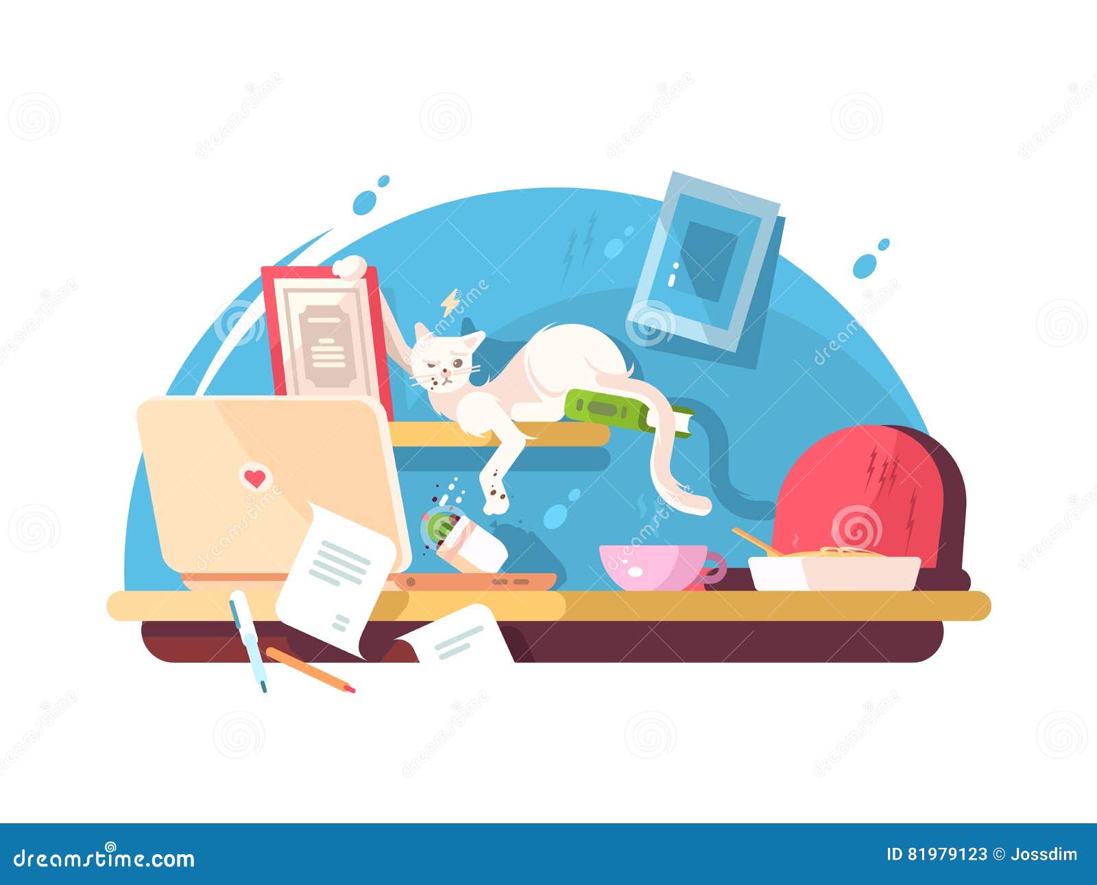 Cute Cat And Mess In Workplace Cartoon Vector | CartoonDealer.com #81979123
