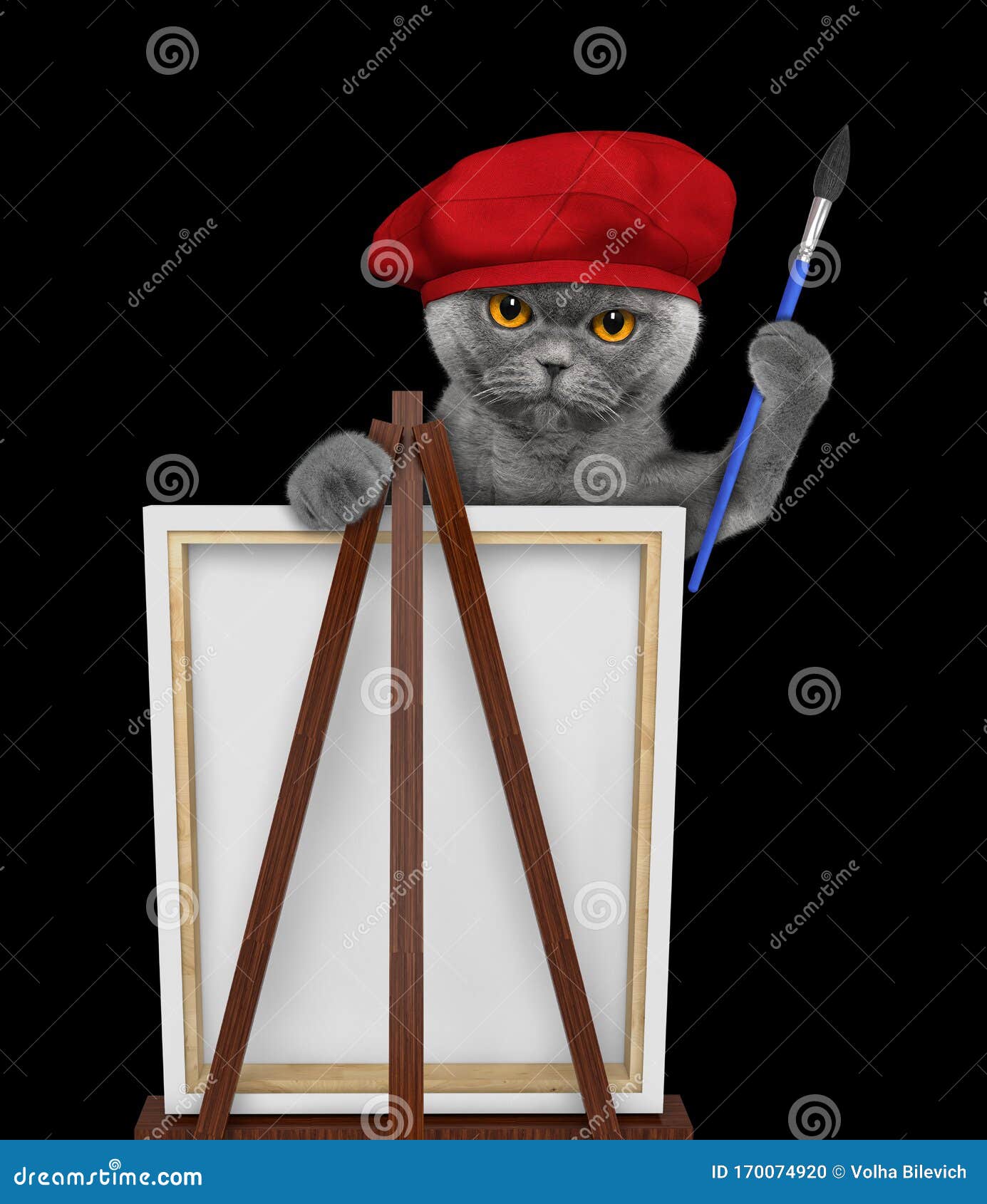 Cute Cat is a Painter Artist. Isolated on Black Stock Photo - Image of ...