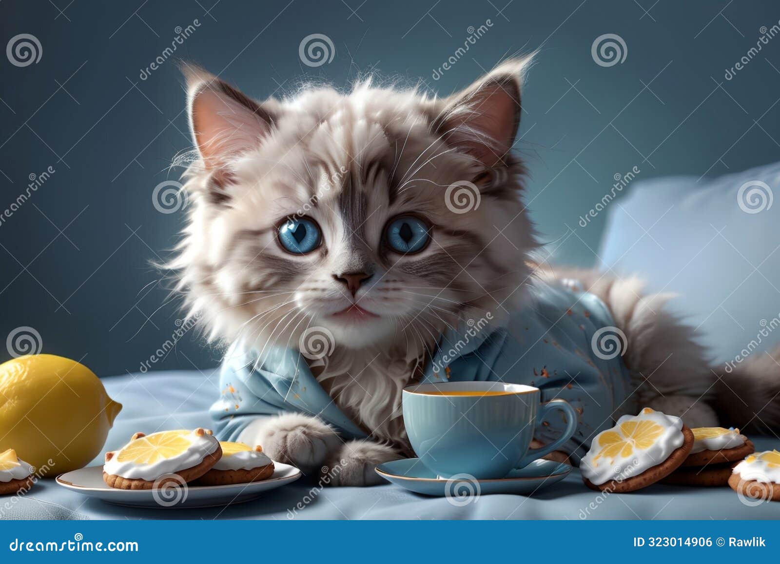 Cute Cat in Pajamas Drinks Hot Tea with Lemon Stock Photo - Image of ...
