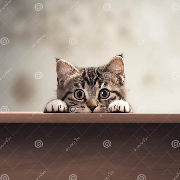 A Cute Cat Peering Over a Table with Large Empty Space. Generative AI ...
