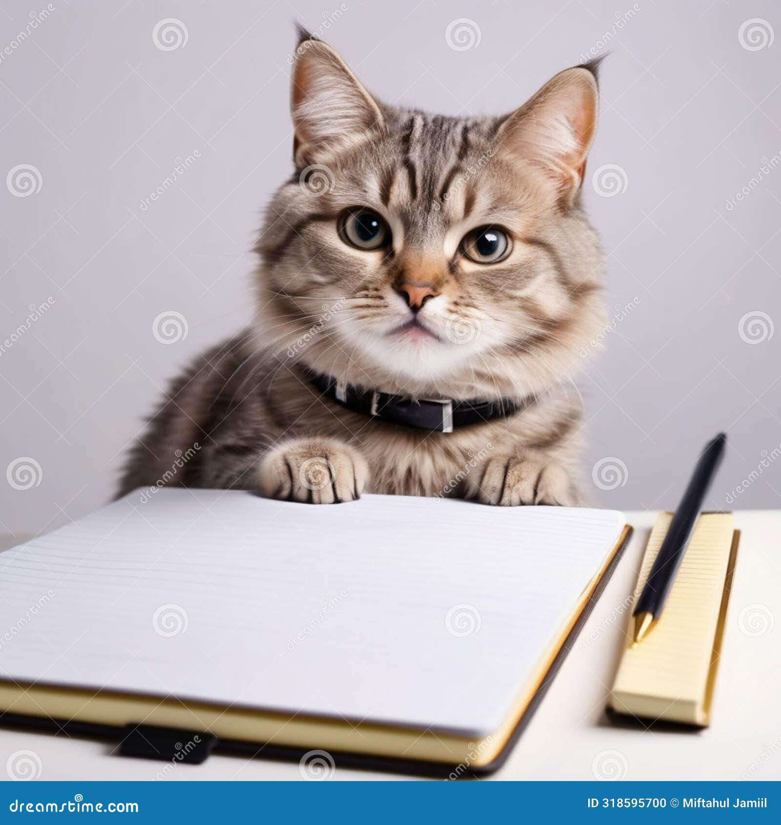 Cute Cat, Pen and Empty Notebook, Isolated on White Stock Illustration ...