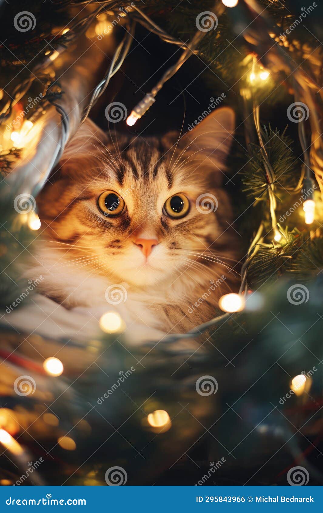 Cute Cat Playing Under Christmas Tree with Glitter Lights Stock ...