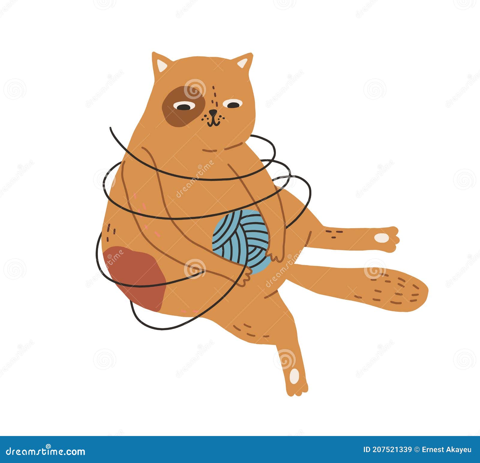 Cute Cat Playing with Yarn Ball Tangled in Threads Isolated on White ...