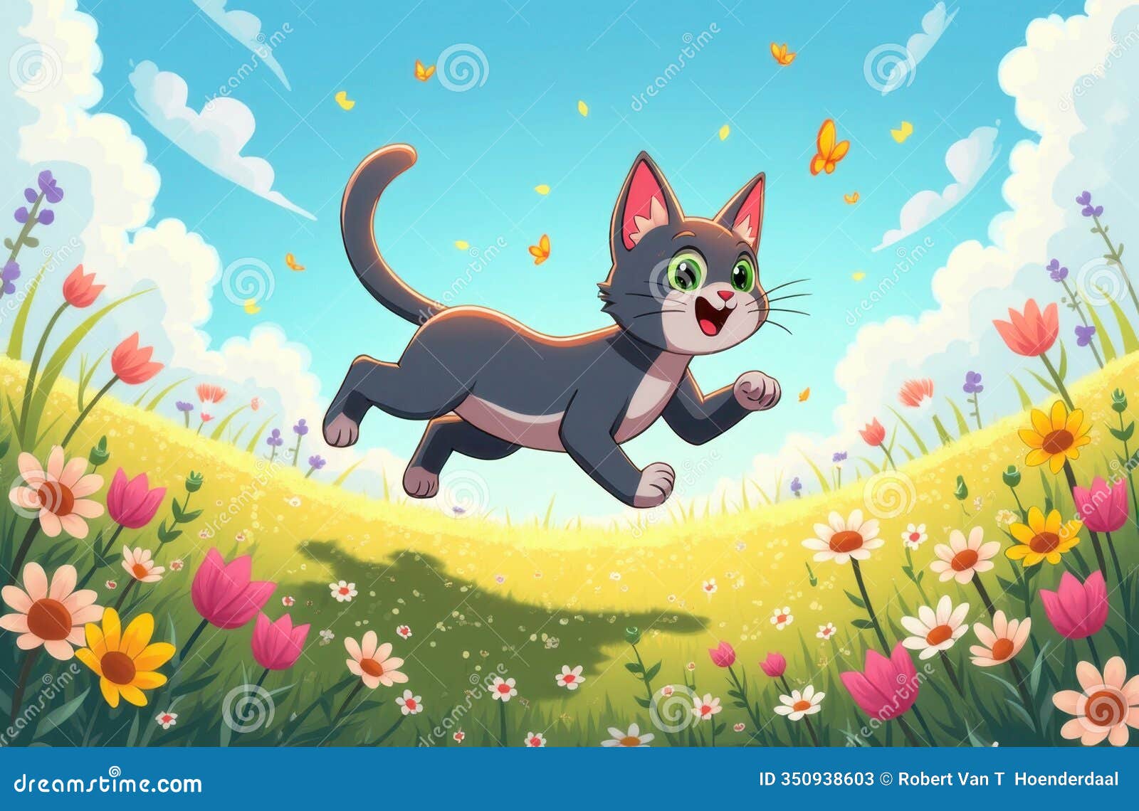 A Cute Cat Running through a Field of Flowers at 20-12-2024 Stock ...