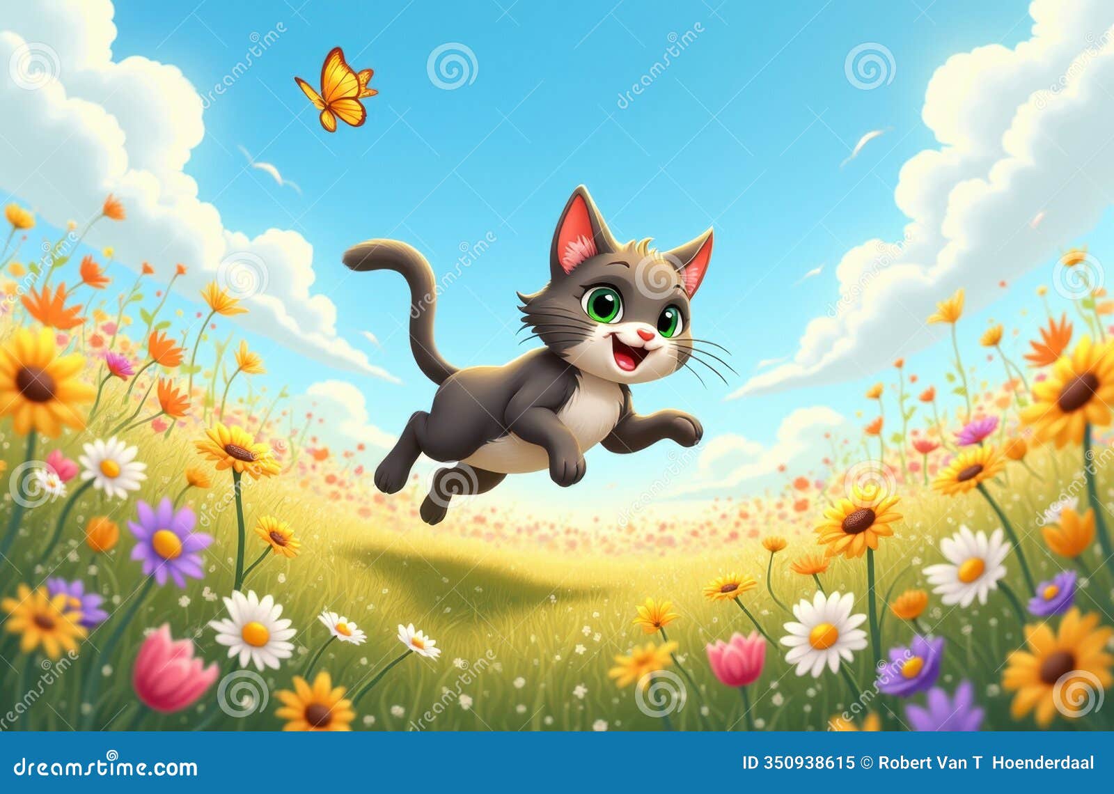 A Cute Cat Running through a Field of Flowers at 20-12-2024 Stock ...