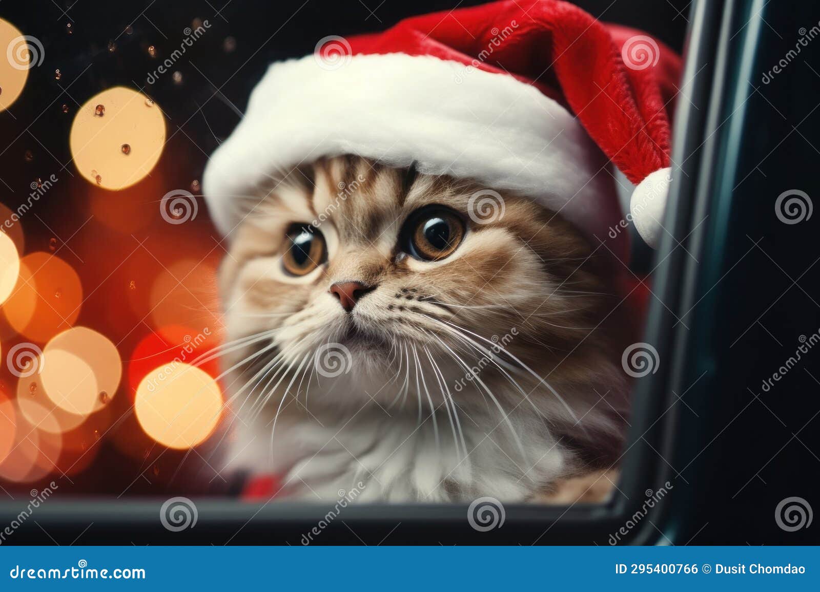 Cute Cat In A Santa Claus Costume Christmas Blurred Bokeh Lights