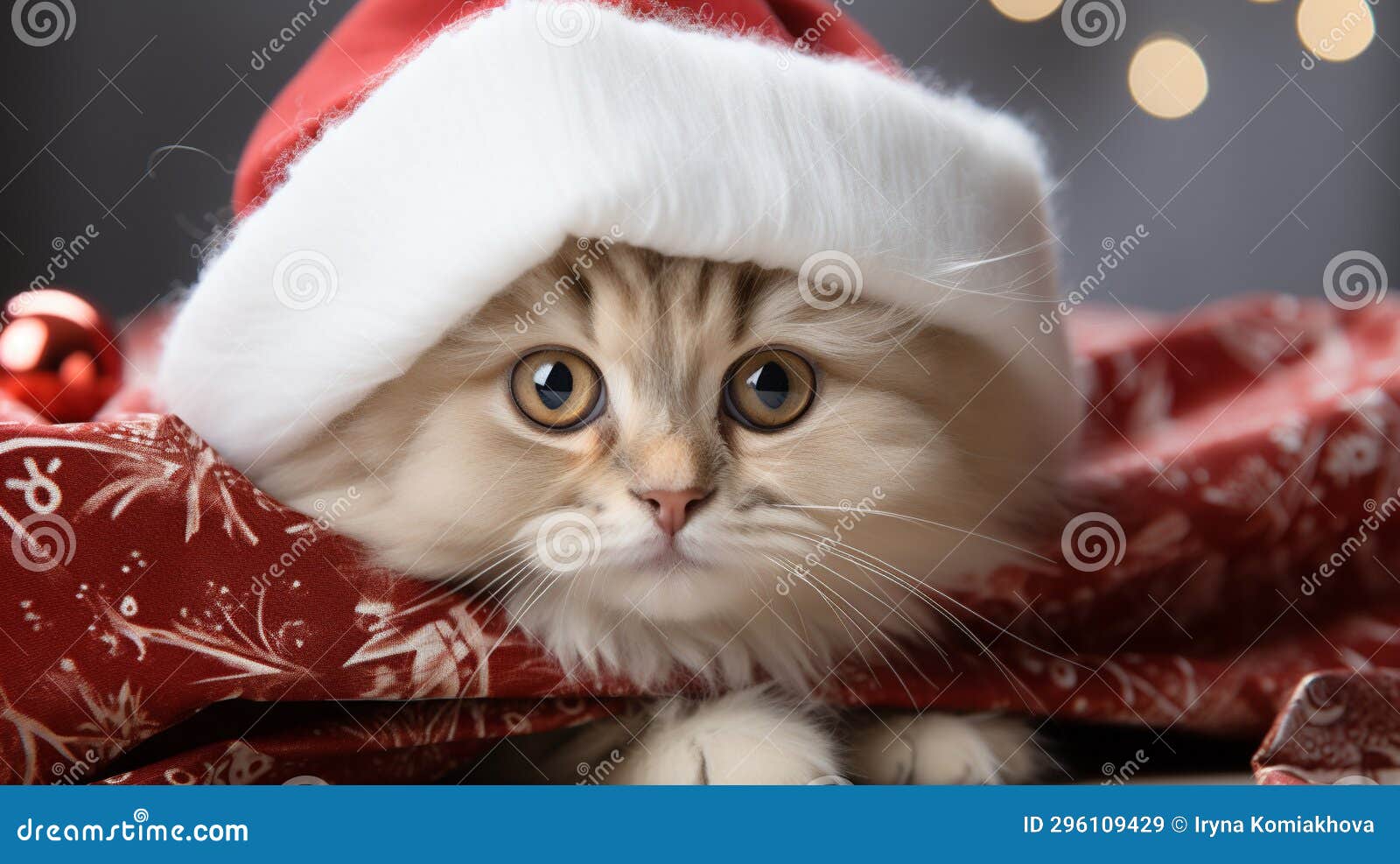 Cute Cat In Santa Claus Hat Against Blurred Christmas Lights Stock