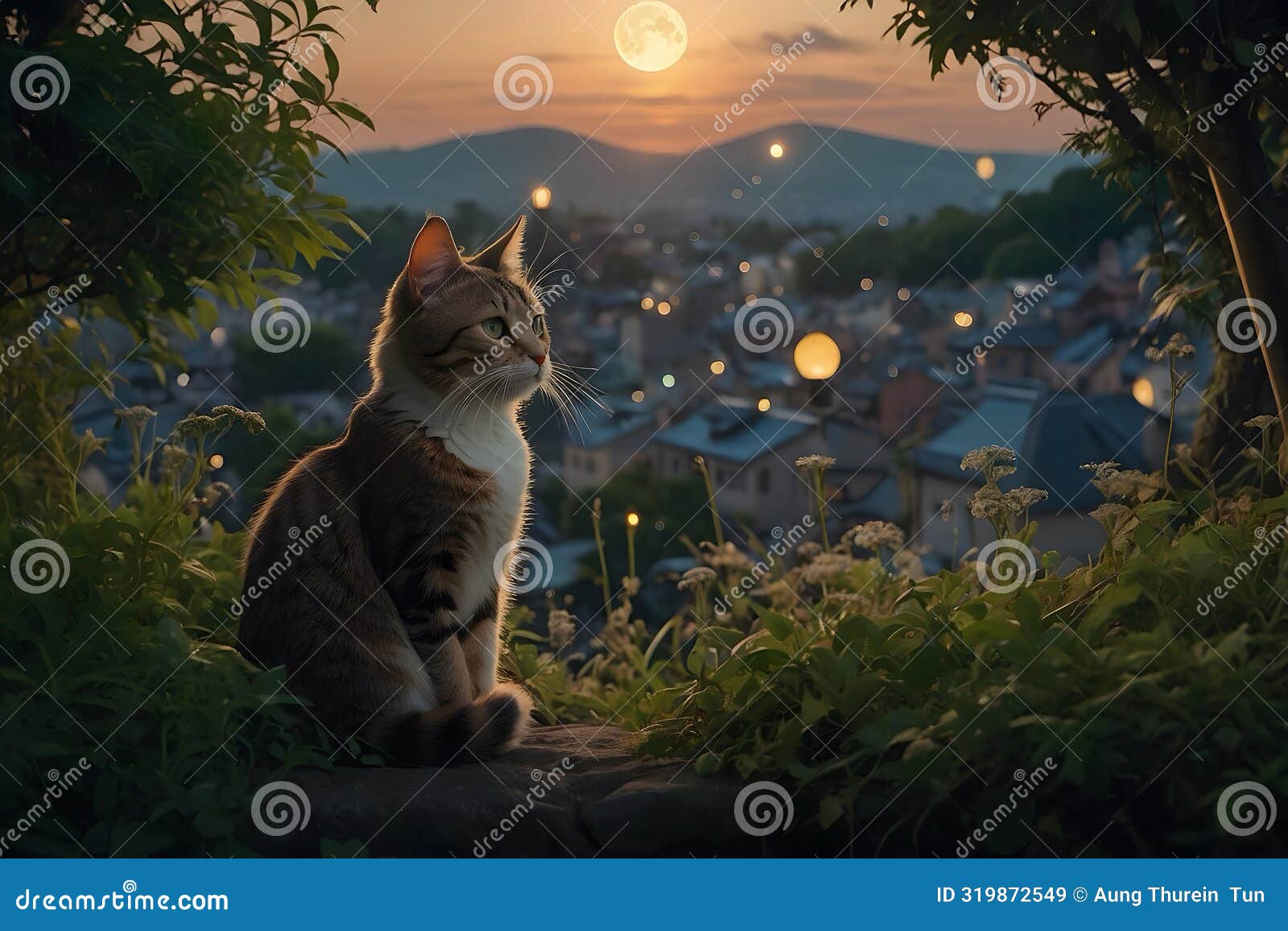 A Cute Cat Sitting Alone and Watching the Moon Stock Image - Image of ...