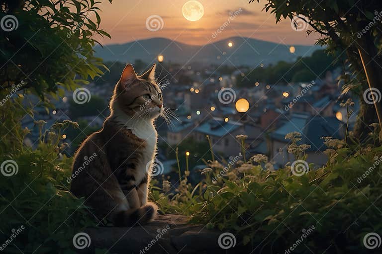 A Cute Cat Sitting Alone and Watching the Moon Stock Image - Image of ...