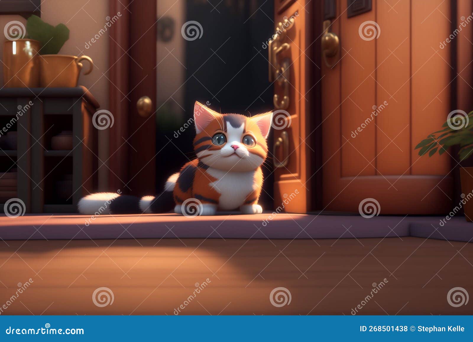 A Cute Cat is Sitting in Front of a Door, Awesome Animation Stock ...