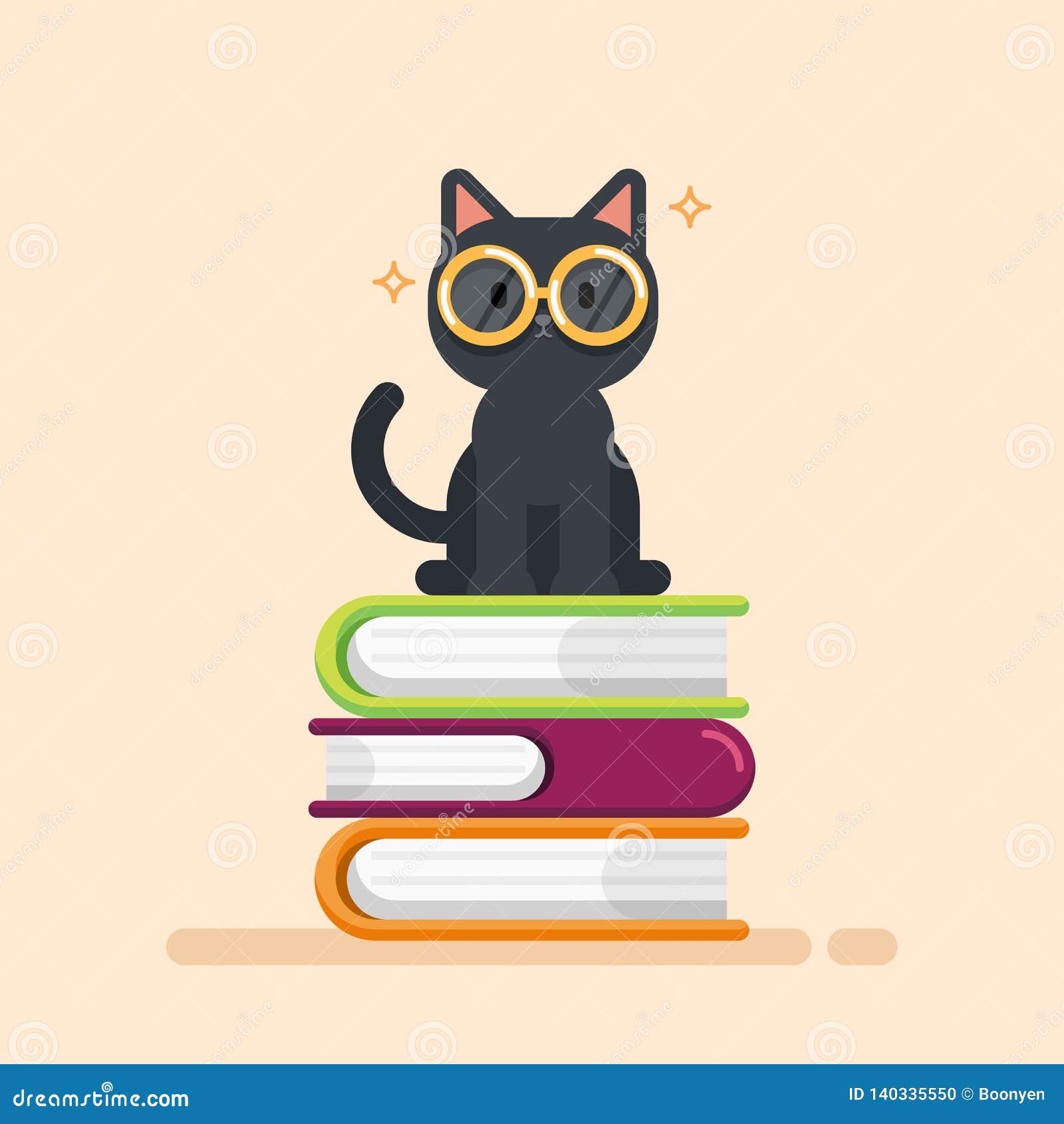 Cute Cat Sitting on a Pile of Books, Education Concept, Vector ... Cute Cat Sitting on a Pile of Books, Education Concept, Vector ...