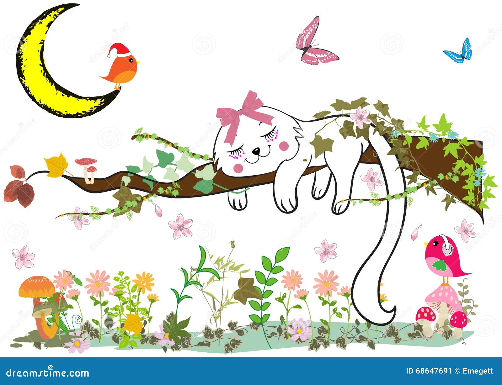 Cute Cat Sleeping on the Tree Stock Vector - Illustration of kitten ...